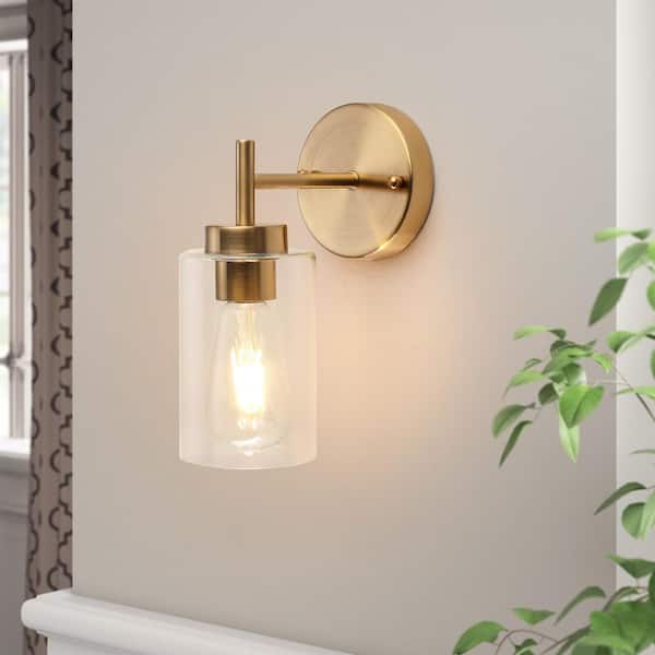 HLJYNJM 7.4 in. 1-Light Brass Modern Wall Sconce with Clear Glass Shade ...