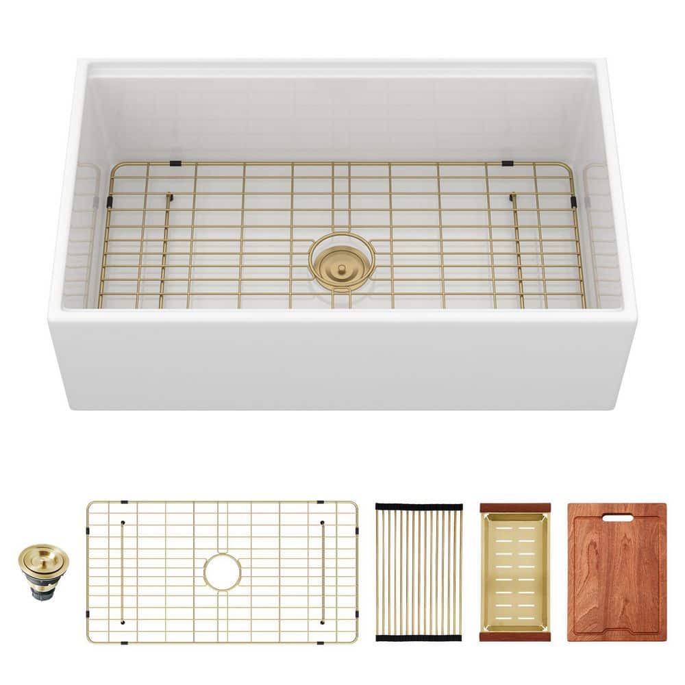 YSQCAR 33 in. Farmhouse Single Bowl 16 Gauge White Ceramic Kitchen Sink ...