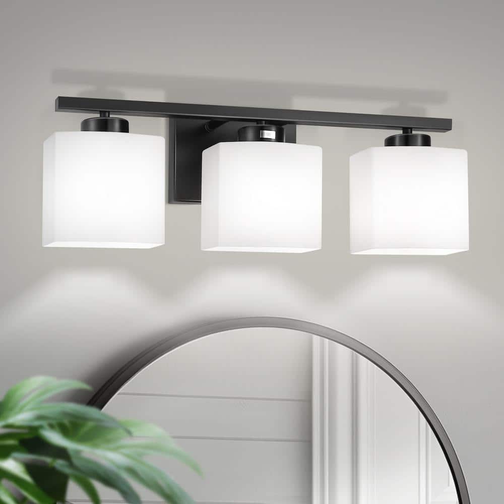 YANSUN 22 in. 3 Light Matte Black Modern Square Vanity Light for ...