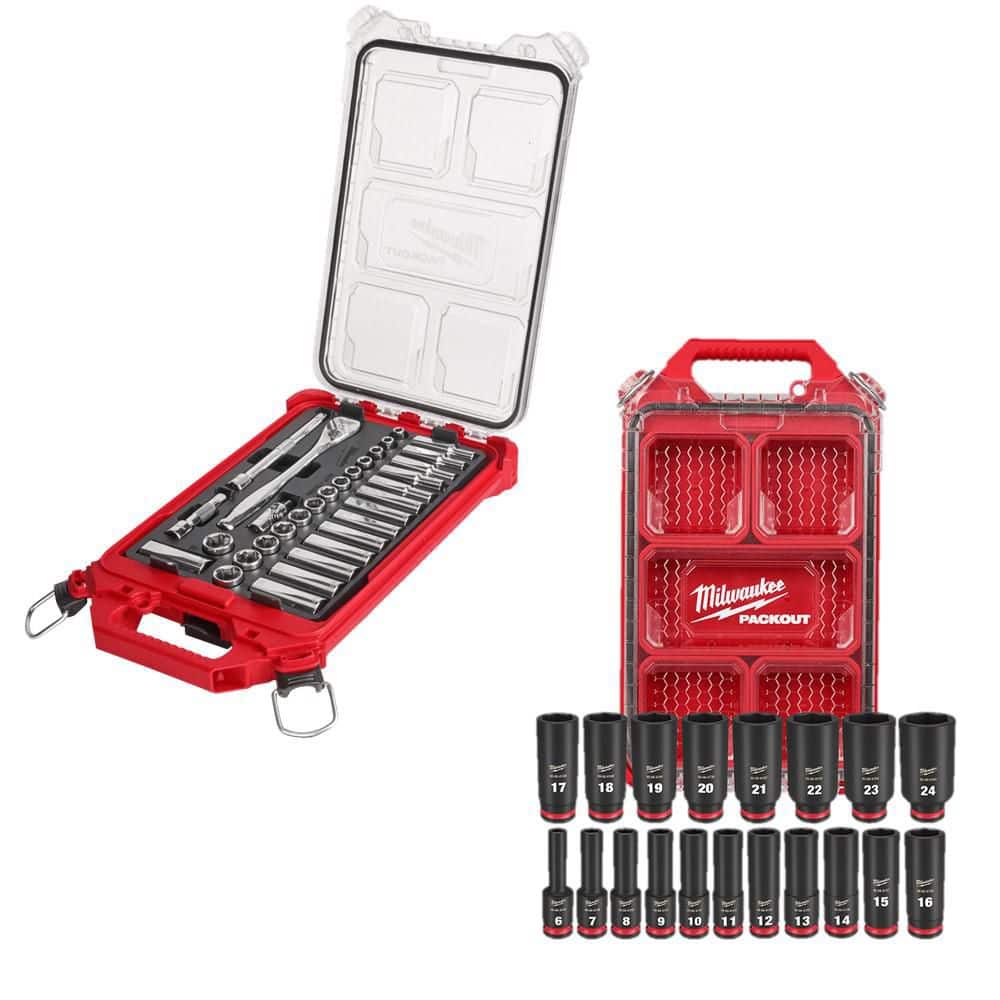Milwaukee 3/8 in. Drive Metric Ratchet and Socket Tool Set and 3/8 in. Drive Metric Deep Well ...