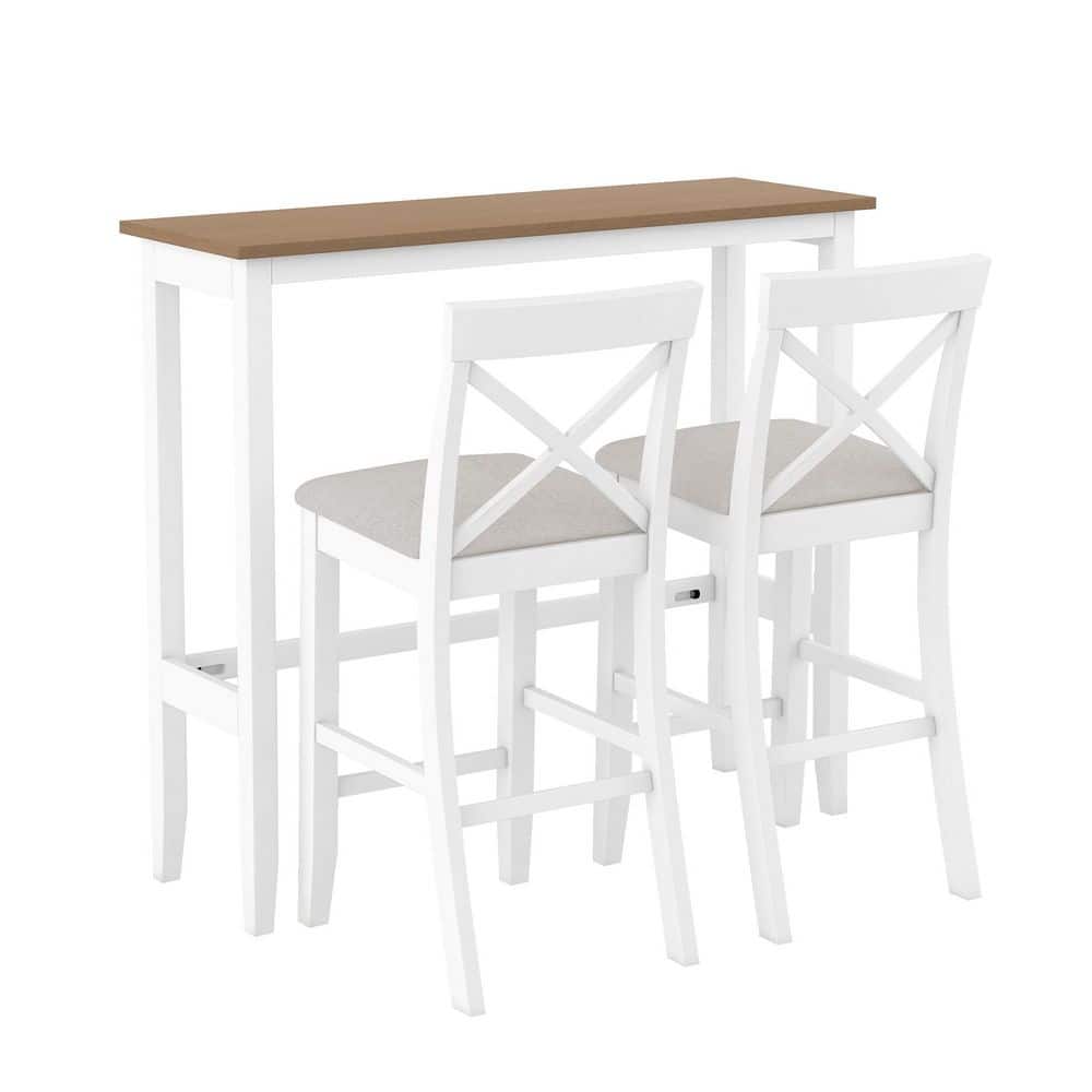 FORCLOVER Farmhouse 3-Piece White Cherry Wood Top Bar Table Set ...