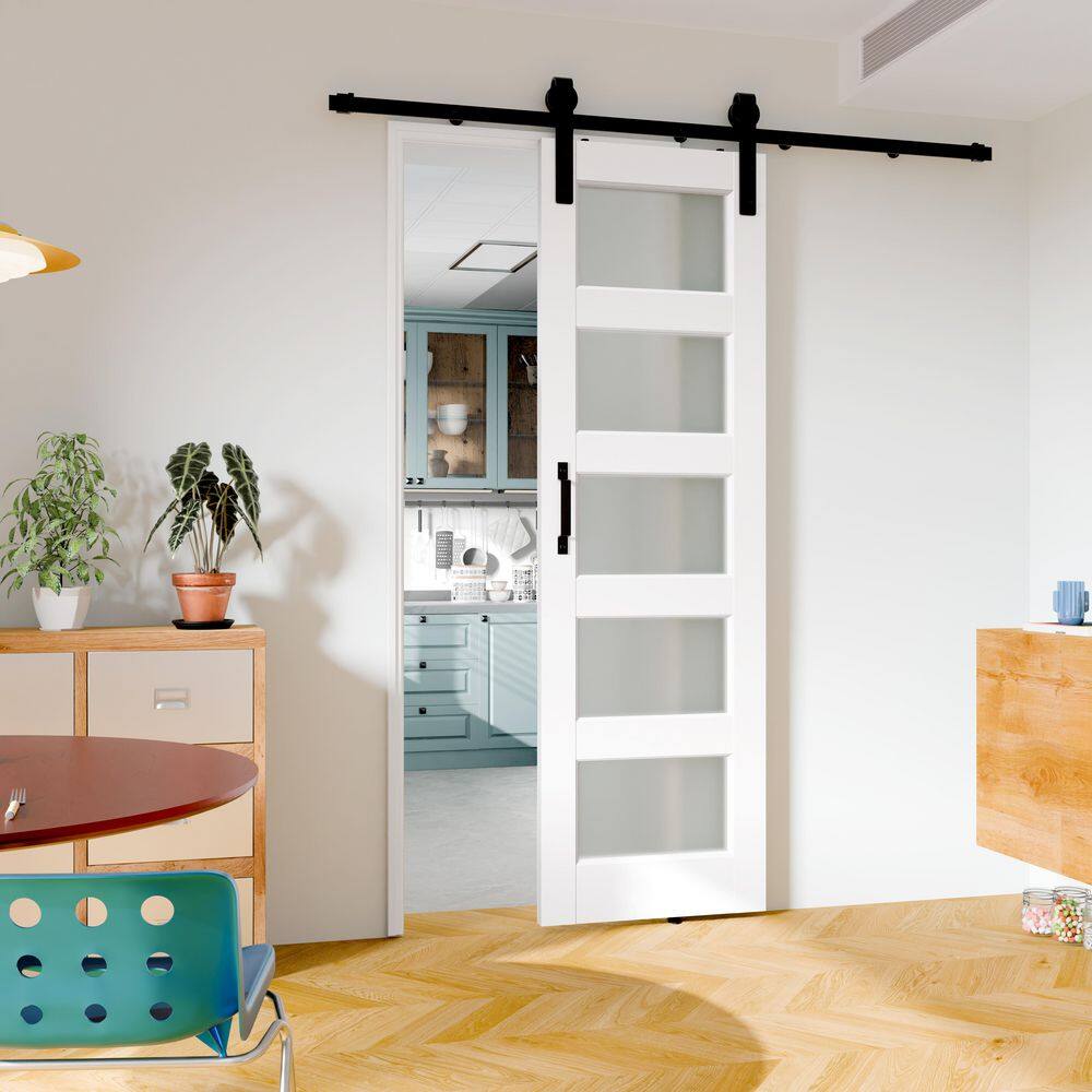 TENONER 24 in. x 80 in. 5-Lite Frosted Glass White Primed Solid Core ...