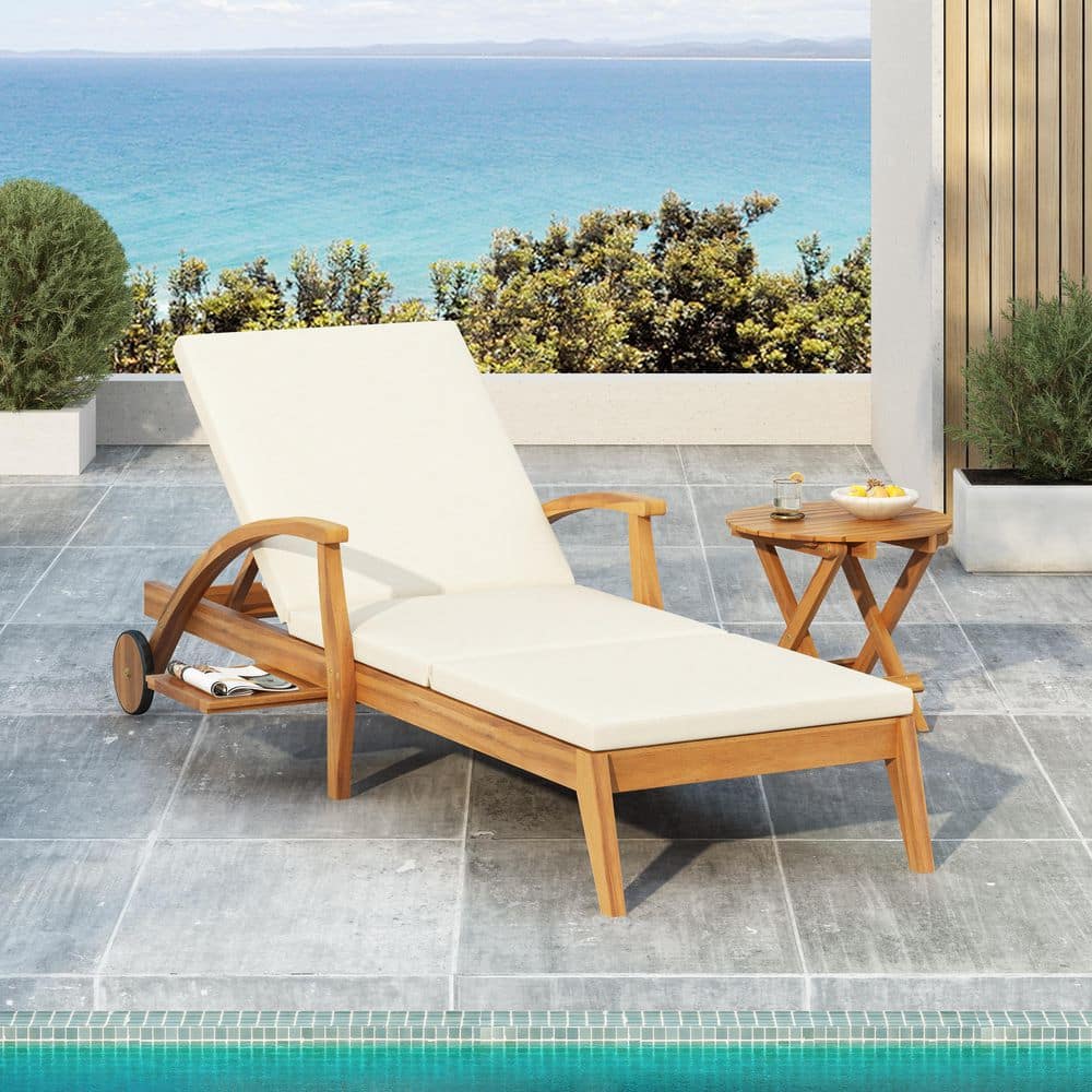 Acacia Wood Outdoor Lounge Chairs, 4-Position Chaise Lounge, with Beige Cushion and Adjustable ...