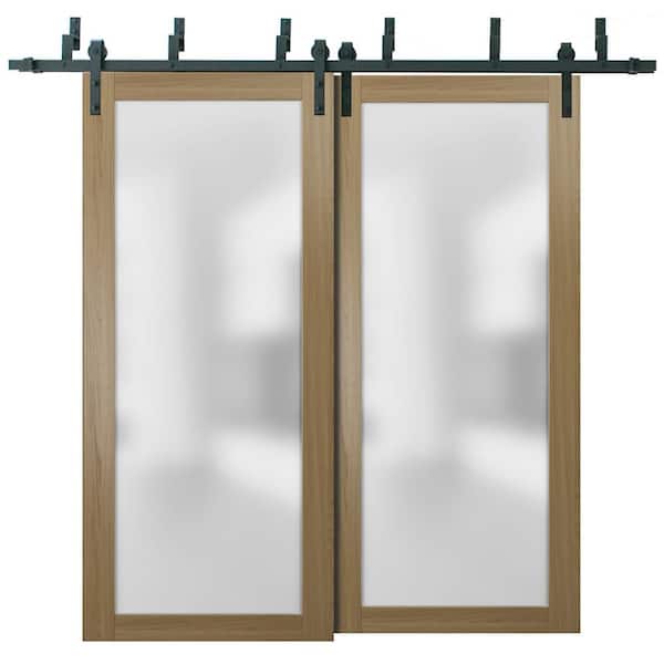 Sartodoors 72 in. x 80 in. 2 Panel Frosted Glass Honey Ash Solid Wood ...