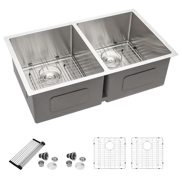Dcolora 33 in. 50/50 Split Double Bowl Undermount Kitchen Sink, 16 ...