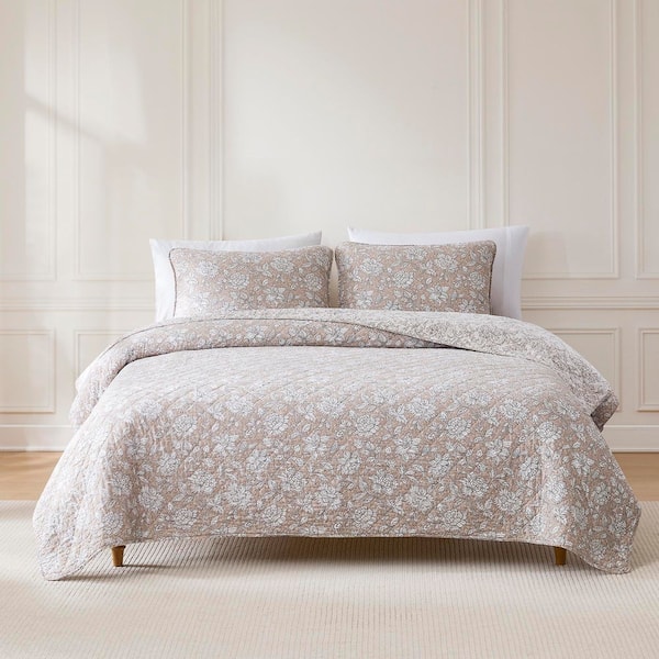 Lush Decor Zara Floral Block Reversible 3-Piece Neutral Cotton Full/Queen King Quilt Set ...