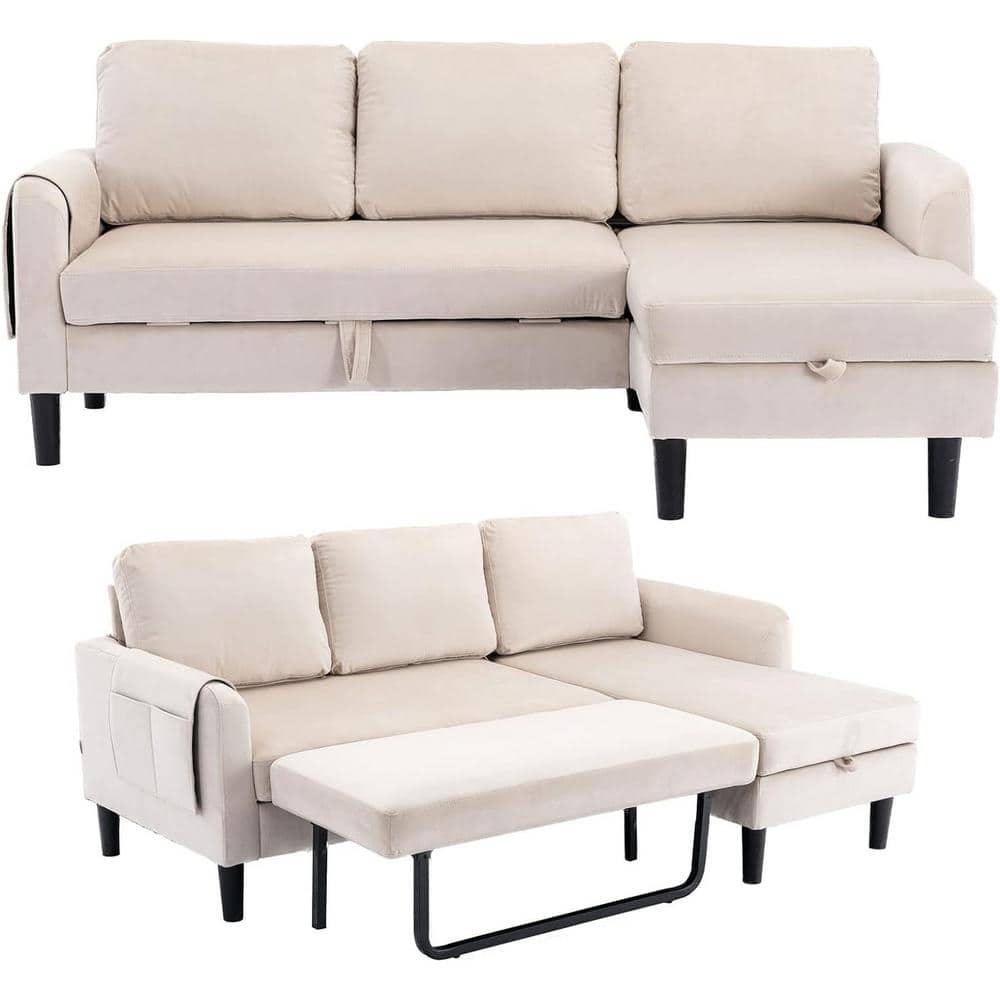 Uixe 72.44 in. Square Arm Velvet Convertible Sleeper Sofa L-Shape ...