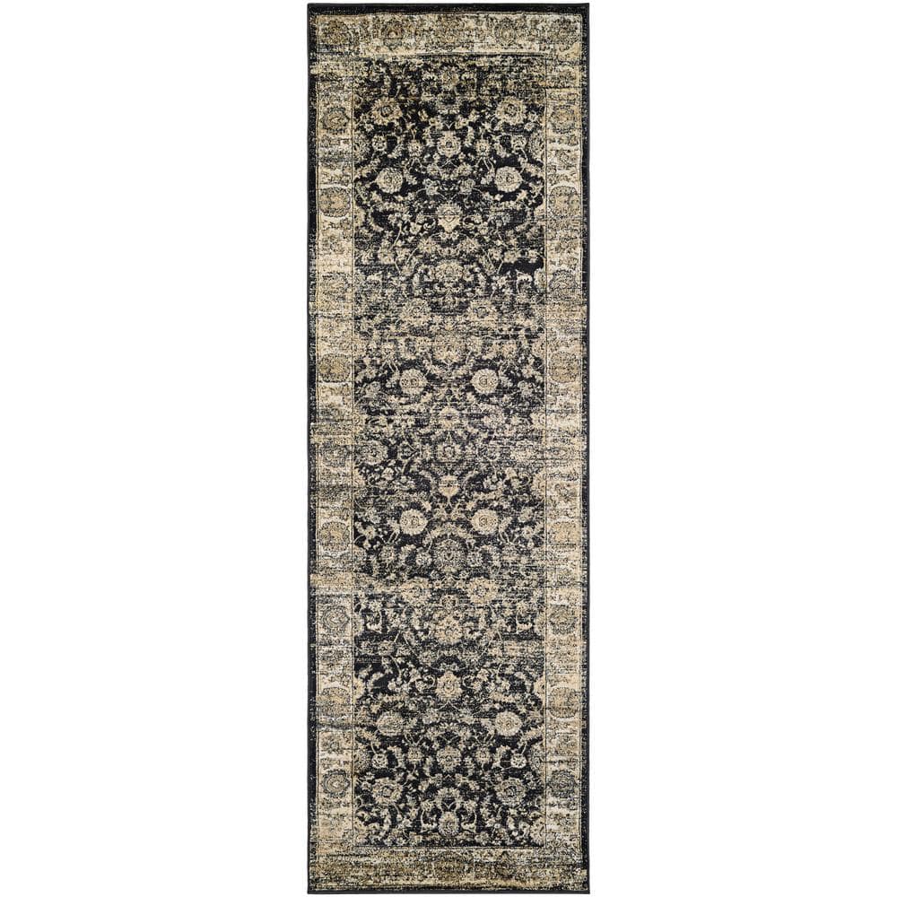 Couristan Zahara Floral Emblem Black-Oatmeal 3 ft. x 8 ft. Runner Rug ...
