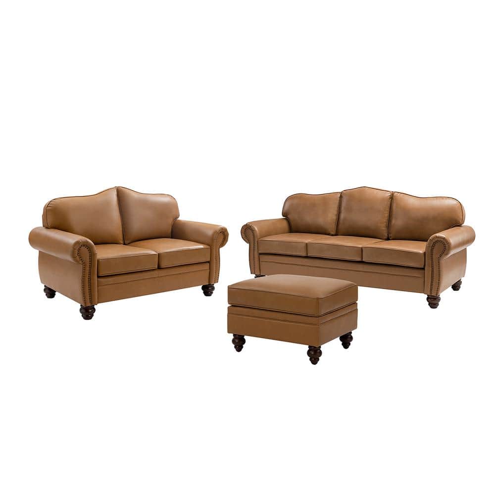 JAYDEN CREATION Sara 5-Piece Camel Genuine Leather Living Room Set with ...