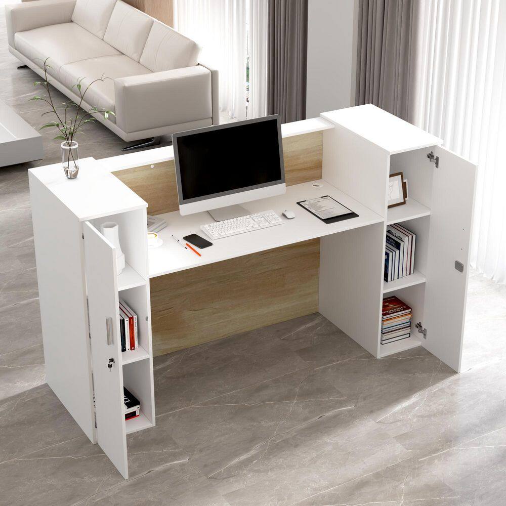 FUFU&GAGA 70.9 in. W Rectangular White and Wooden Grain Wood Computer ...