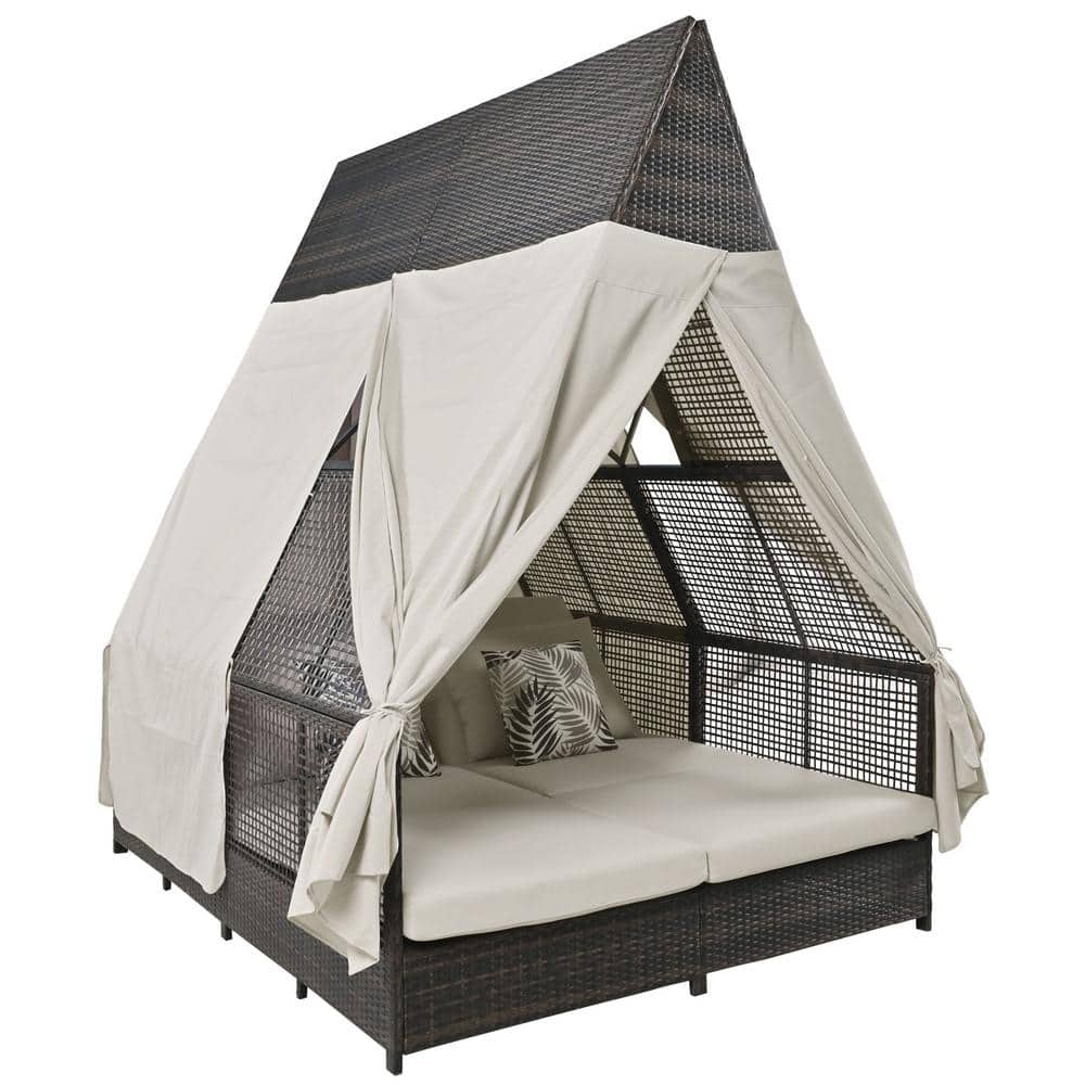 Zeus & Ruta Wicker Outdoor Double Lounger Day Bed with Beige Cushions ...