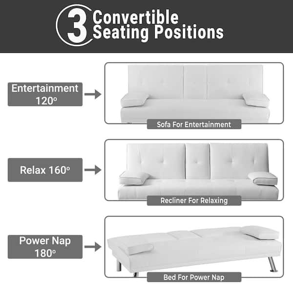 HOMESTOCK White Futon Sofa Bed Faux Leather Futon Couch with Armrest and 2 Cupholders Sofa Bed Couch Convertible with Metal Legs 99917