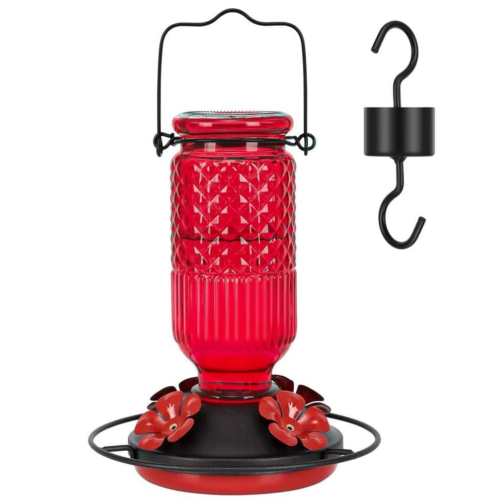 Oyezvary Red Glass 16oz. Hanging Hummingbird Feeder with 4 Bee Guard ...