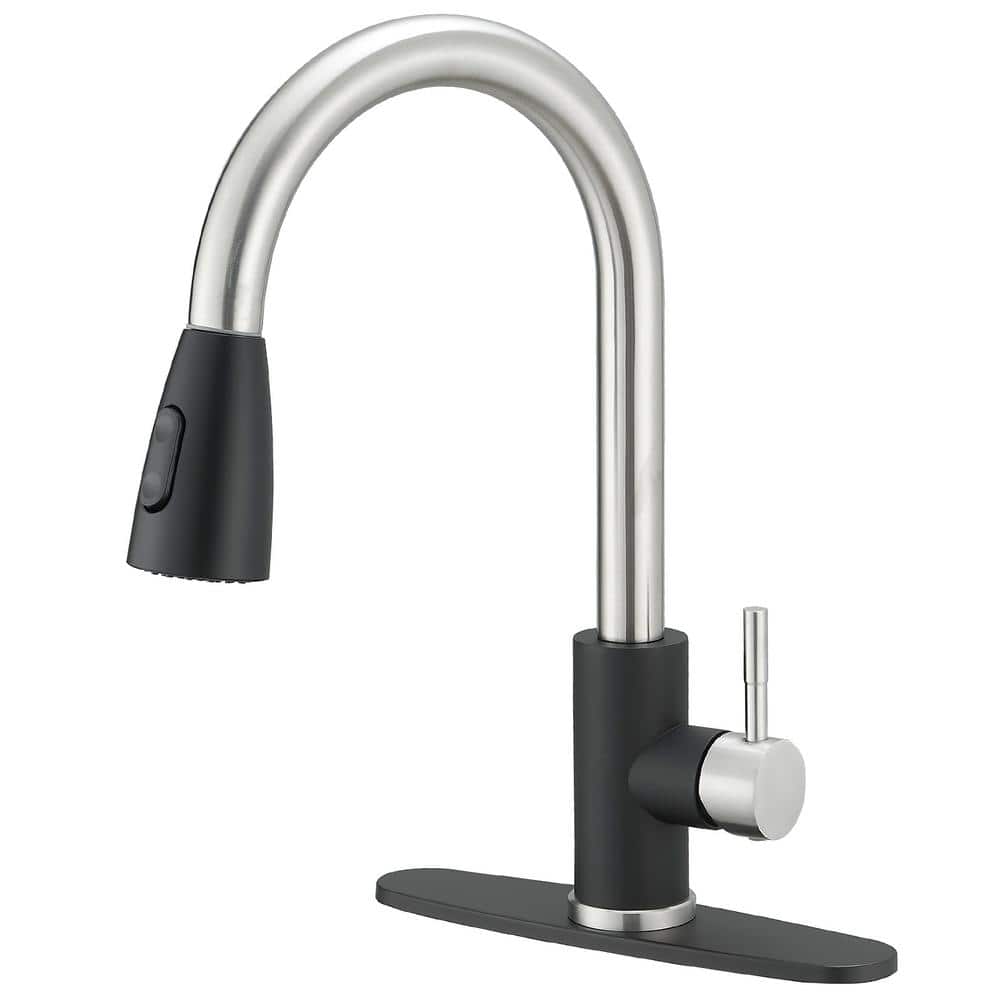 BWE Single-Handle Pull-Out Sprayer Kitchen Faucet with Supply Lines in Matte Black and Brushed ...