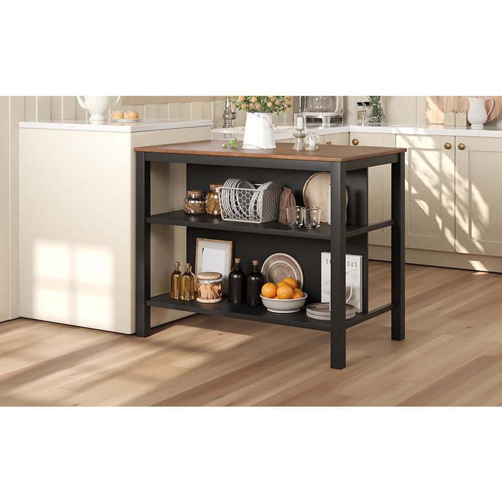 Lycvki Black Wood 45 in. Stationary Kitchen Island with 2-Open Shelves ...
