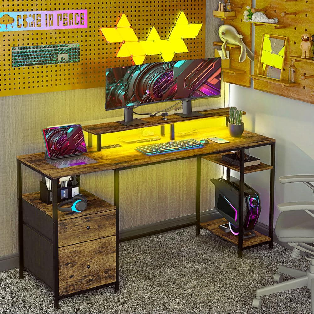 HOMCOM 61 in. Rustic Brown Computer Desk with LED Lights, Power Outlets ...