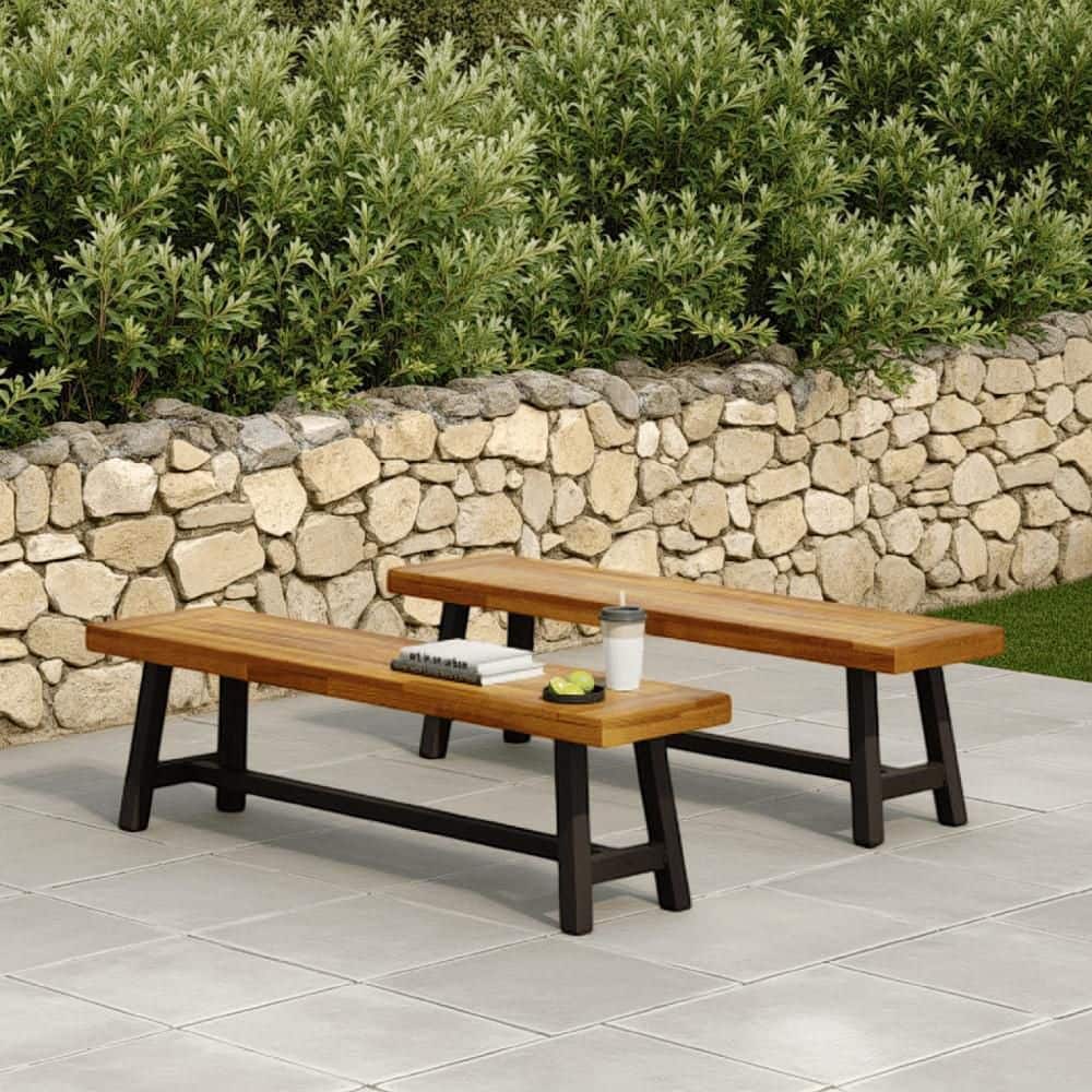 Benjara Leslee Brown and Black Wood Outdoor Ottoman Bench (Set of 2 ...