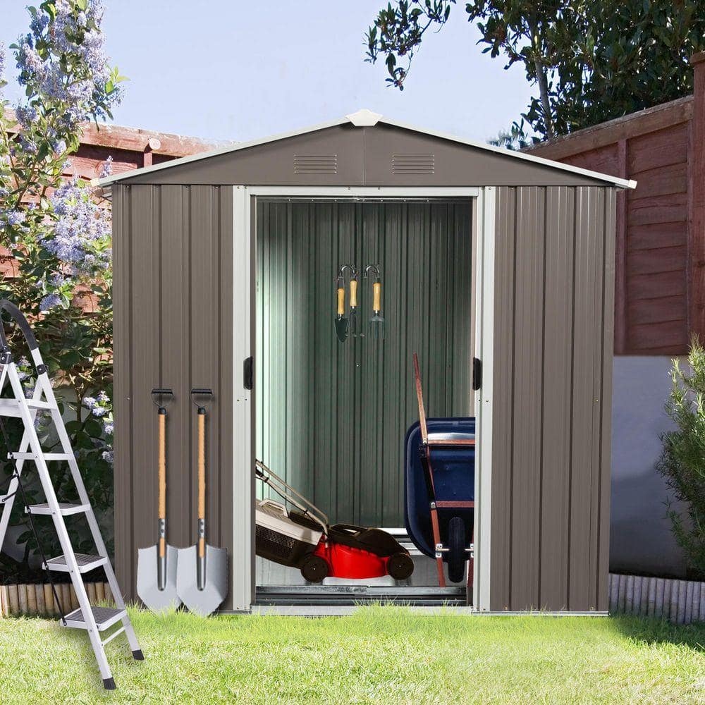6 ft. W x 5 ft. D Gray Outdoor Metal Shed with Metal Foundation Frame ...