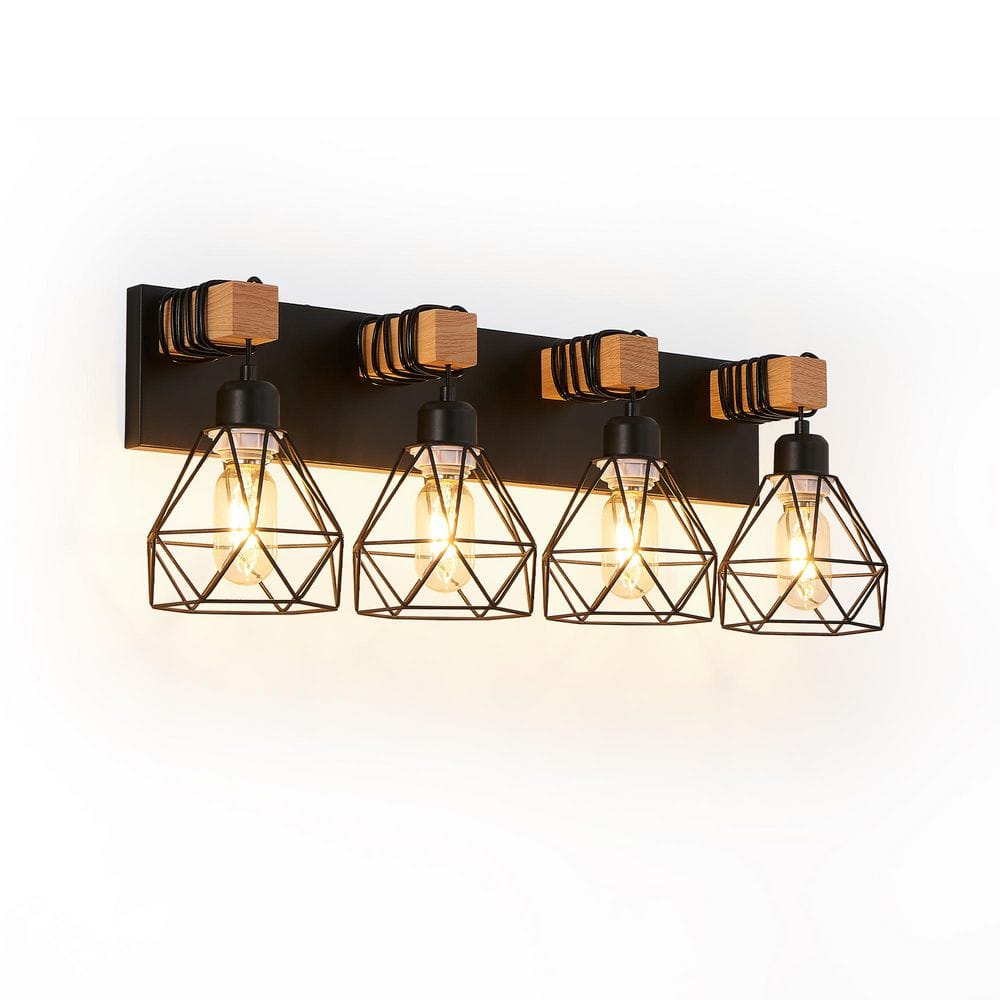 PUDO 27 in. 4-Light Geometric Black LED Vanity Light with Iron Spray ...