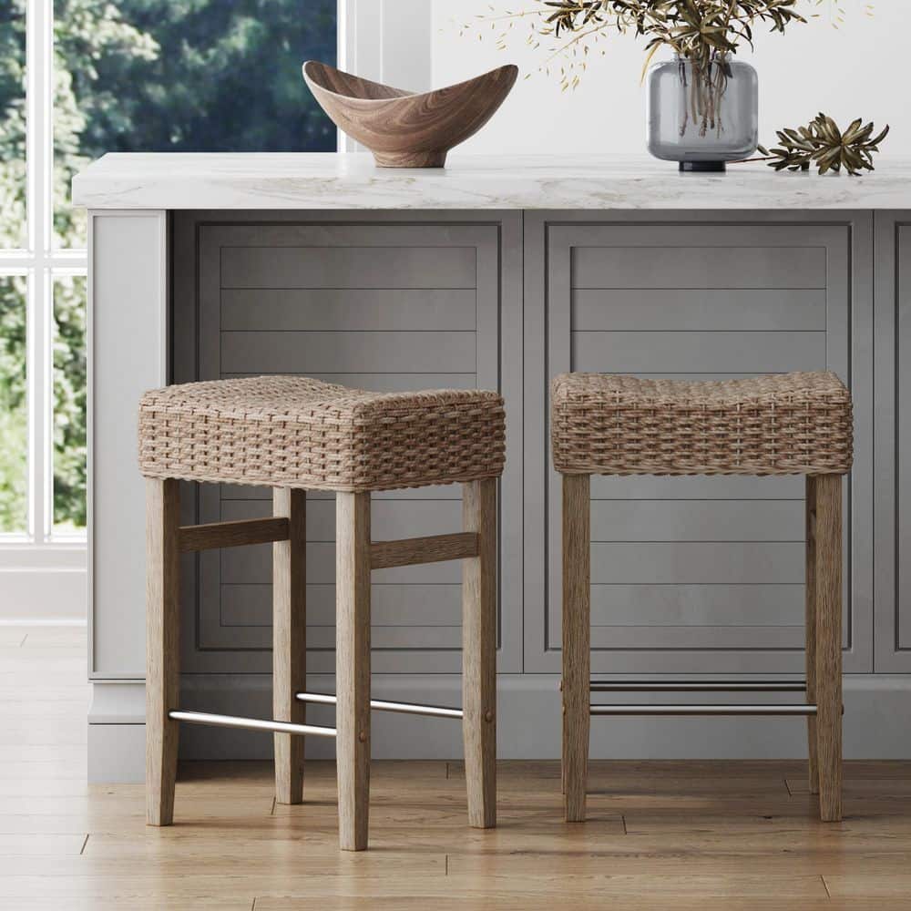 Nathan James Harvey 25 in. Seagrass/Brushed Gray Backless Solid Wood ...