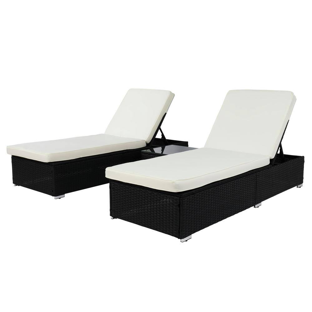 Karl home Black Wicker Outdoor Chaise Lounge Set with White Cushions ...