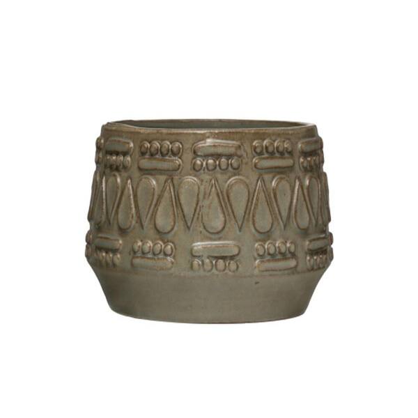 Storied Home Large Embossed Stoneware Pot with Reactive Glaze in Green ...