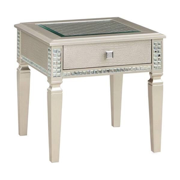 Benjara 24 in. Silver Square Glass End Table with 1-Drawer and Mirror ...