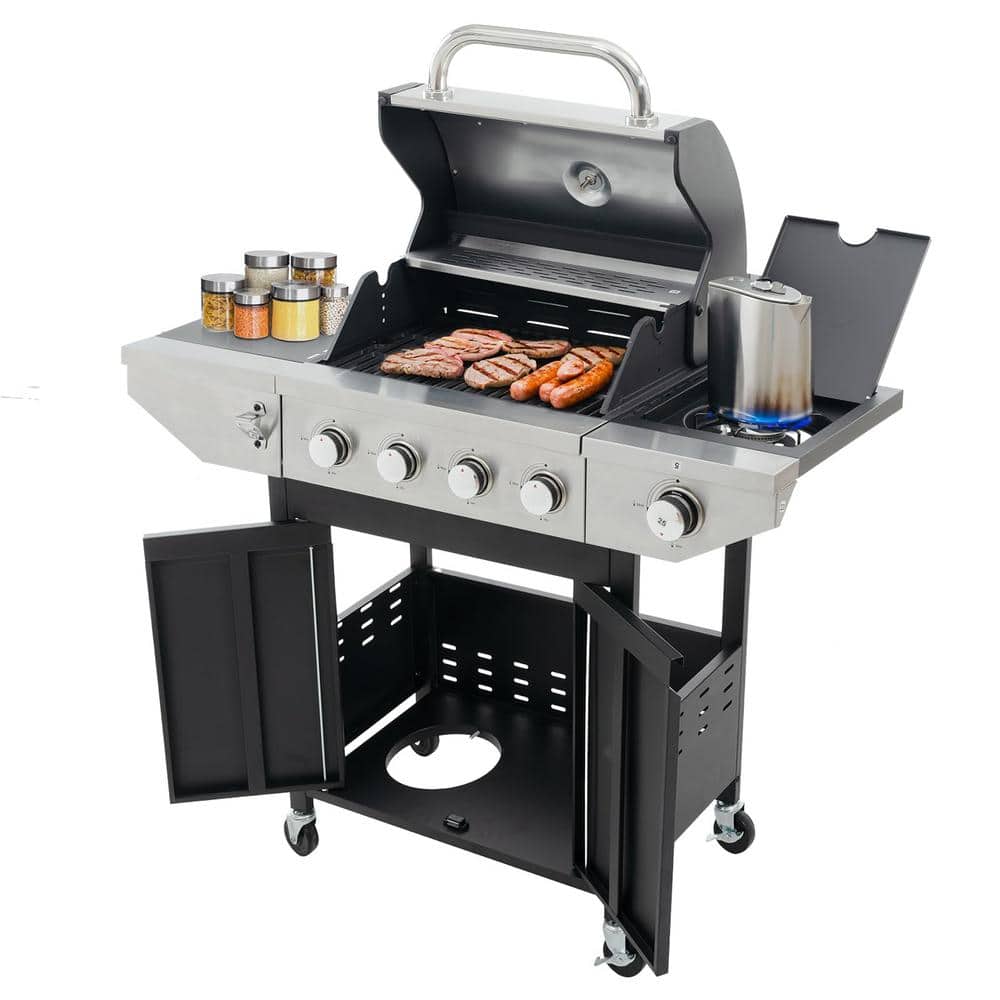 PARASOLAR 4-Burner Propane Gas Grill in Stainless Steel with Side Burner, Condiment Rack and ...