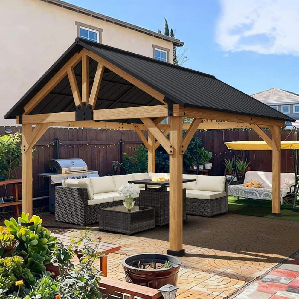 PremDwell 11 ft. x 13 ft. Cedar Wood Hardtop Outdoor Gazebo with ...