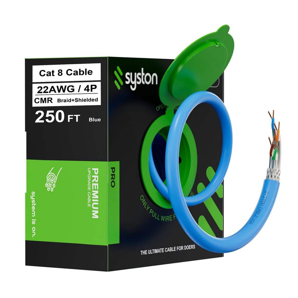 Syston Cable Technology 250 ft. Blue CAT8 CMR 22 AWG Ethernet Bulk Raw Cable 2GHz 40GB ...