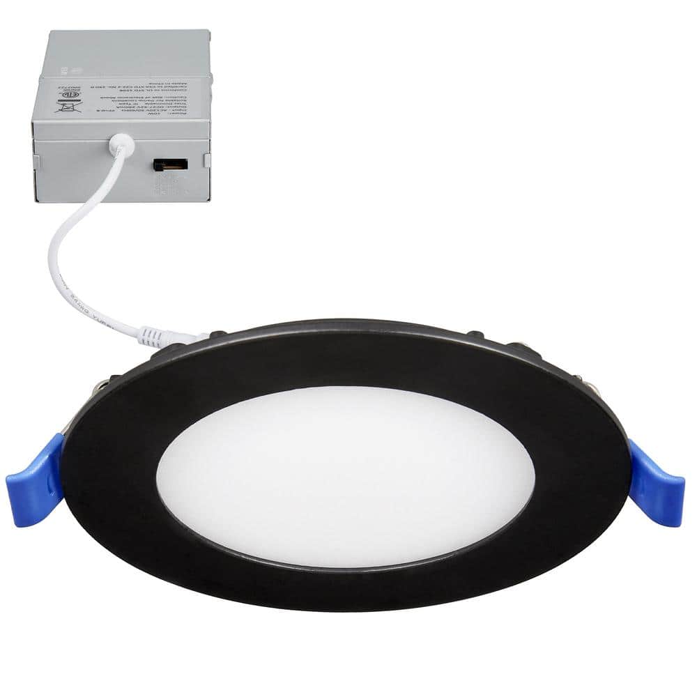Maxxima 4 in. Slim Round Recessed LED Downlight, Black Trim, Canless IC ...
