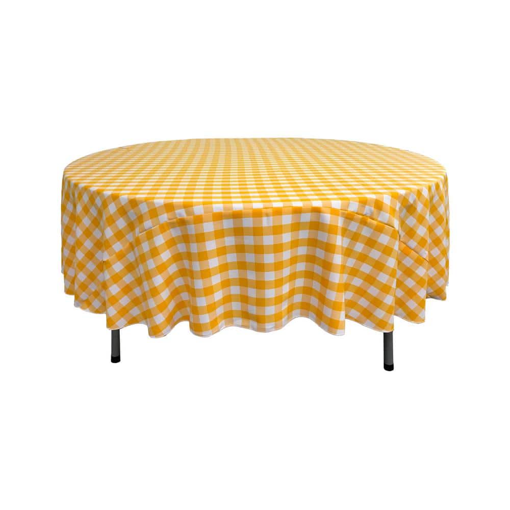 LA Linen 90 in. White and Dark Yellow Polyester Gingham Checkered Round ...