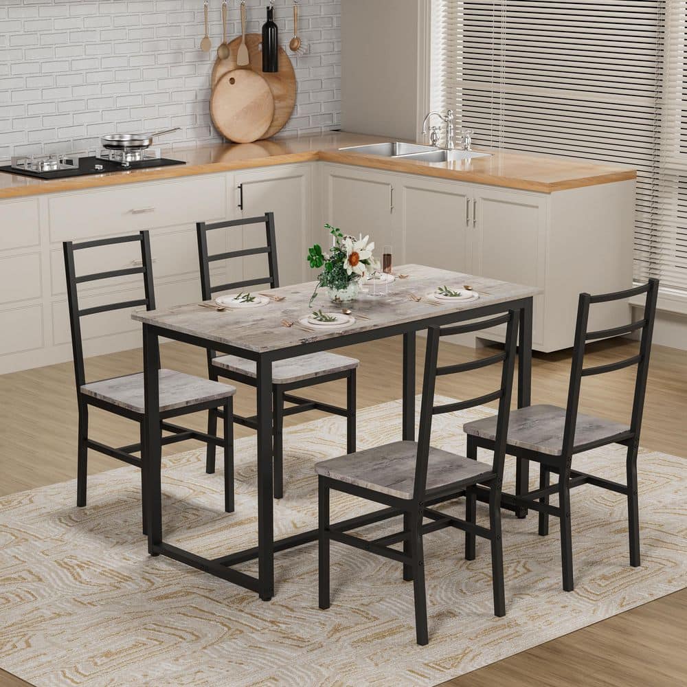 5 Piece Rectangular Gray MDF Top Dining Table Set for 4 Dinette Set ...