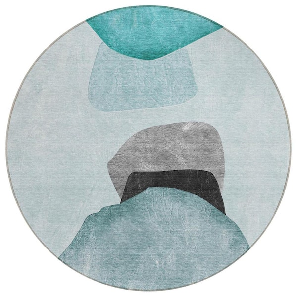 HomeRoots Ivory Teal and Gray 8 ft. Round Woven Abstract Round Indoor ...
