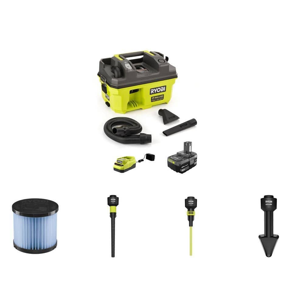 RYOBI ONE+ 18V 3 Gal. Wet/Dry Vacuum Kit with 4.0 Ah Battery, HEPA ...