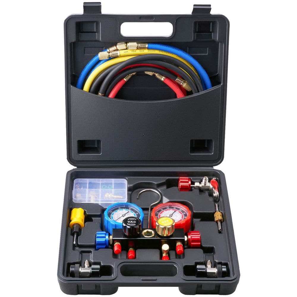 SKYSHALO AC Manifold Gauge Set for R134A, R22, R12, R410A, 4-Way, 5 ft. Hoses, Couplers Can Tap ...