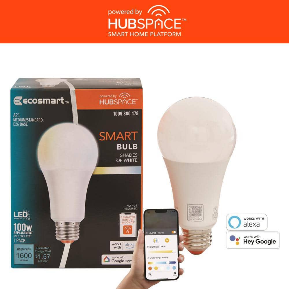 EcoSmart 100-Watt Equivalent Smart A21 Tunable White CEC LED Light Bulb with Voice Control (1 ...