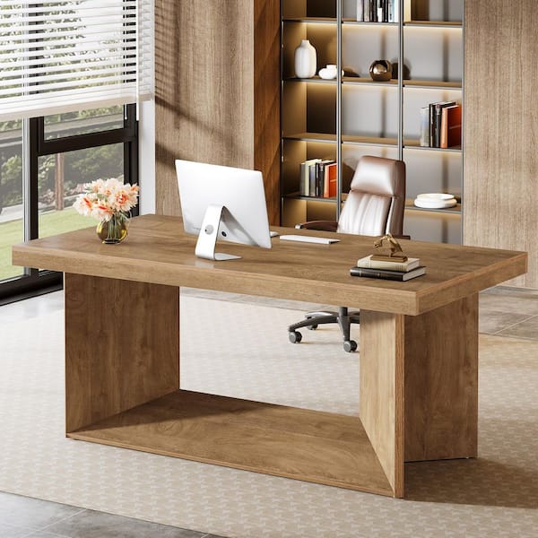 BYBLIGHT Lanita 63 in. Rectangle Brown Wood Executive Desk with Heavy ...