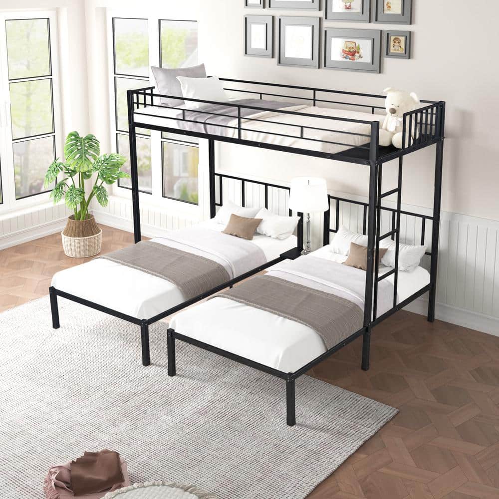 Polibi Black Metal Triple Twin Bunk Bed, Can Be Separated into 3-Twin ...