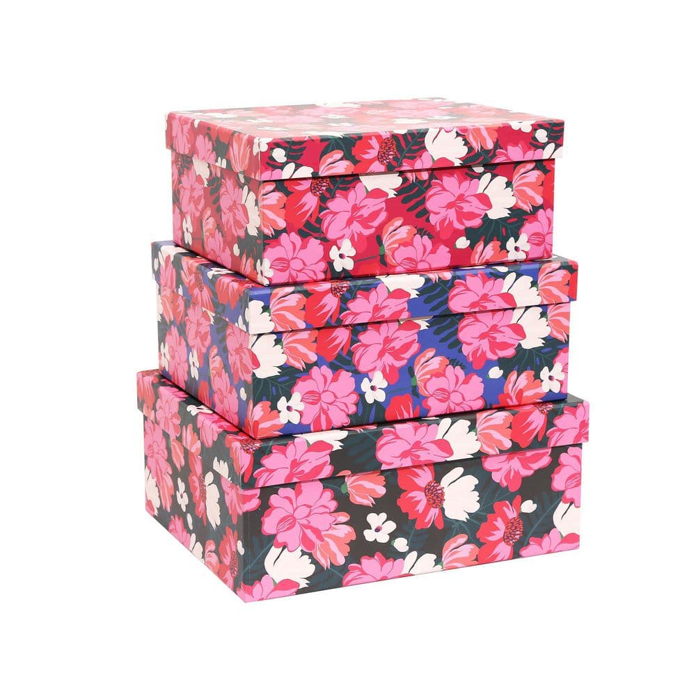 3-Piece Floral Decorative Box Set in Pink and White-Versatile Shelf and ...