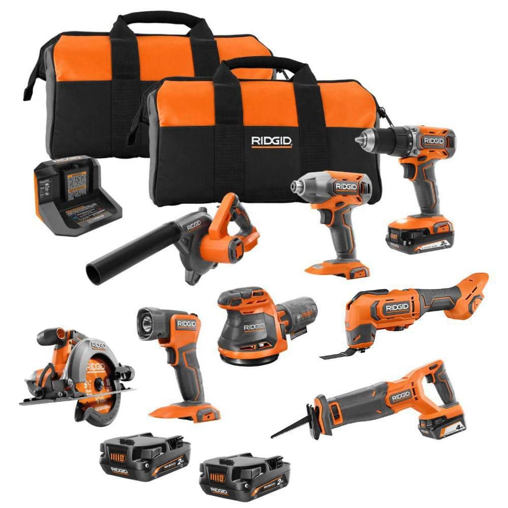 RIDGID 18V Cordless 8-Tool Combo Kit with 2.0 Ah, 4.0 Ah Battery ...