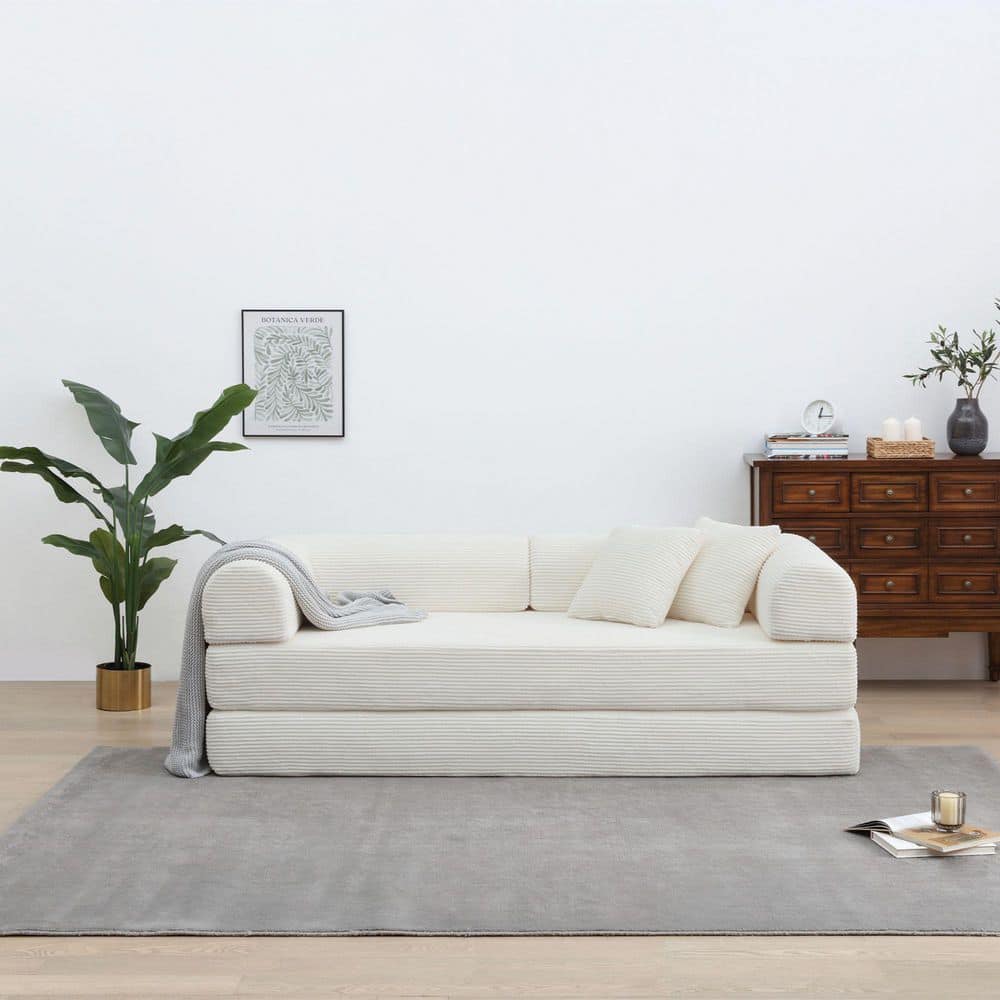 Seafuloy White Chenille Round Arm Chaise Lounge, Corduroy King Sofa Bed ...