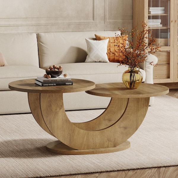 BYBLIGHT Allan 45.3 in. Brown Round Wood Coffee Table with U-Shaped ...