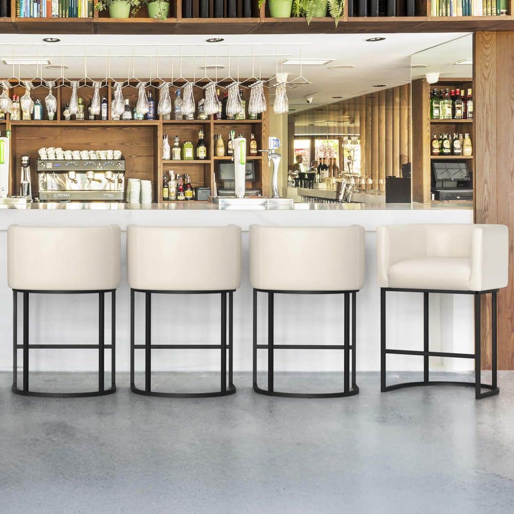 LUE BONA 26 in. Antique-White Low Back Bar Stool with Black Metal Frame ...