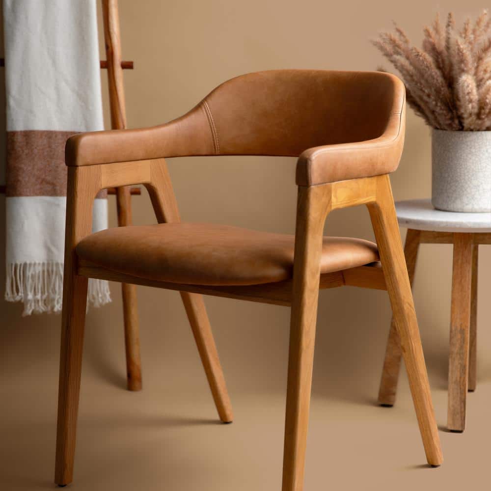 Poly and Bark Lando Leather Armed Dining Chair in Cognac Tan and Oak DI ...