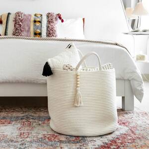 White Round Jute Woven Storage Basket with Handles, 16 in x 13.8 in ...