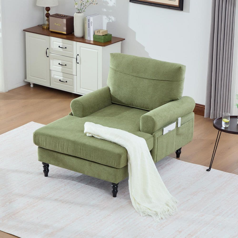 HOMEFUN Modern Olive Green Chenille Armrests Chaise Lounge Single Sofa ...