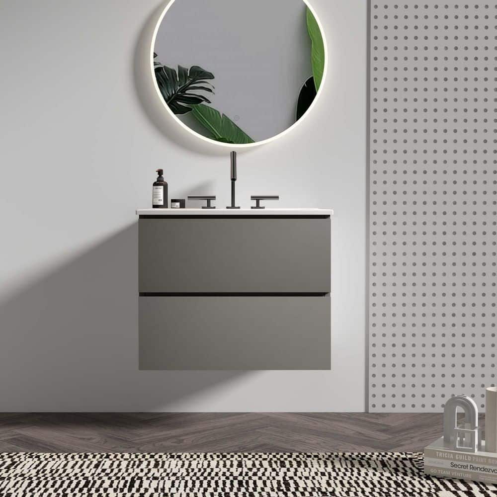 FAMYYT 24 in. W Single Sink Floating Gray Bath Vanity with White ...