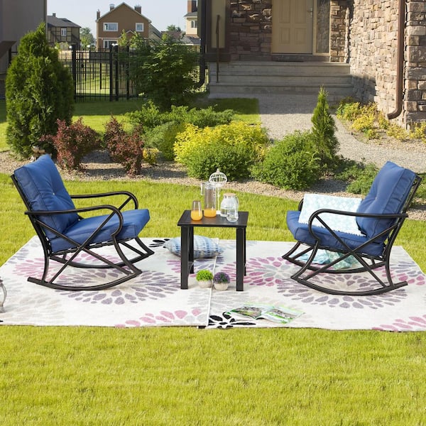TOP HOME SPACE 3-Piece Metal Outdoor Rocking Chat Set with Blue ...