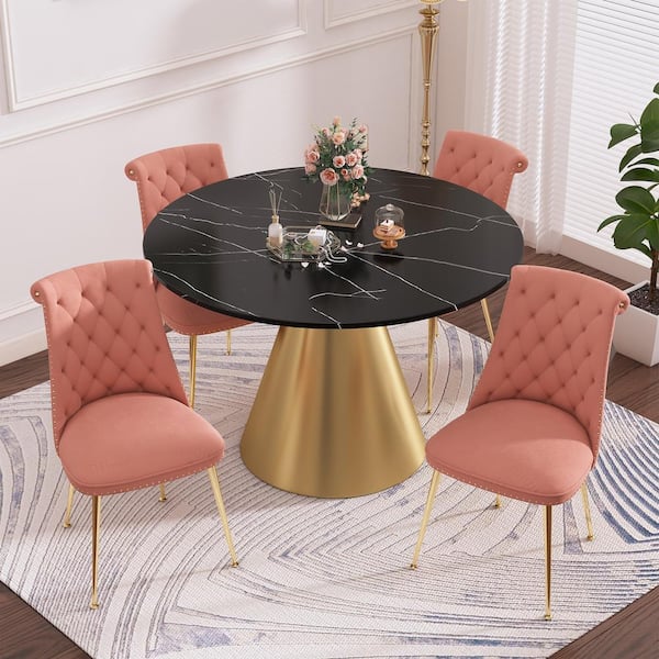 Boyel Living 5 Piece Round Stainless Steel Black and Gold Marble Top Table Set Seats 4 4 Pink Dining Chairs BLR3BK703CBN